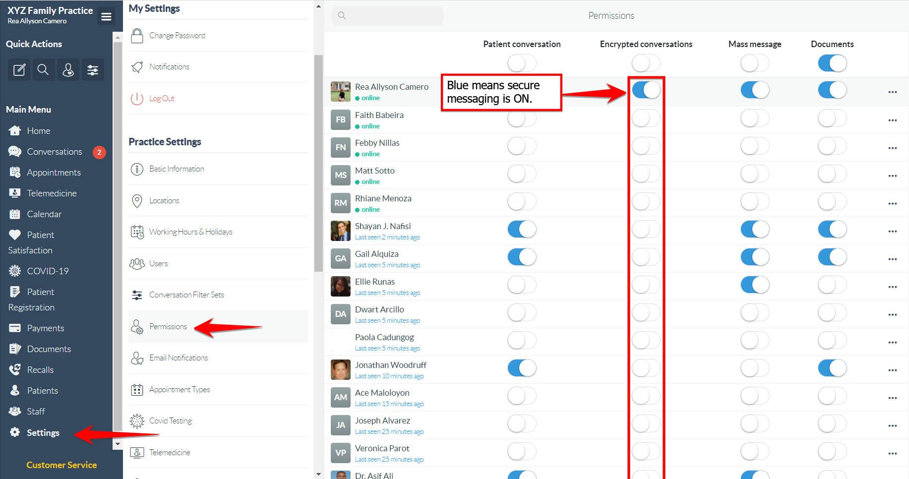 2, Click the button to toggle Secure Messaging for a specific user.