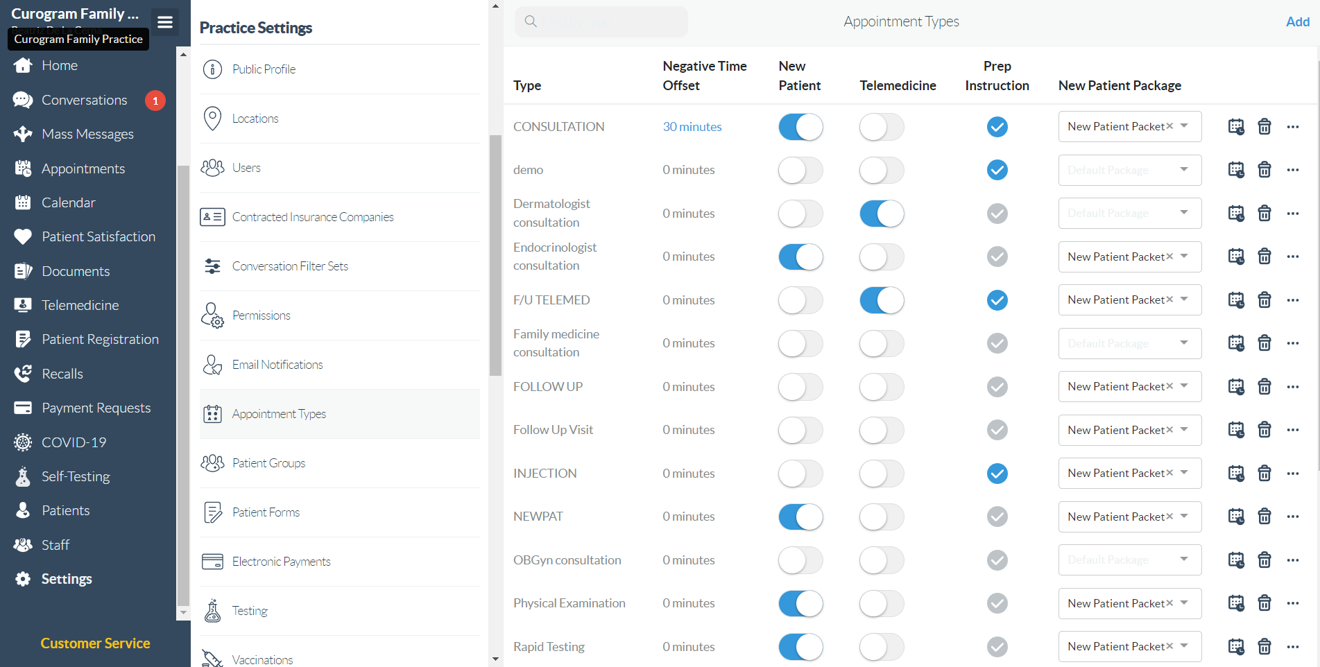 ENABLING NEW PATIENT AND TELEMEDICINE FOR EACH APPOINTMENT TYPE