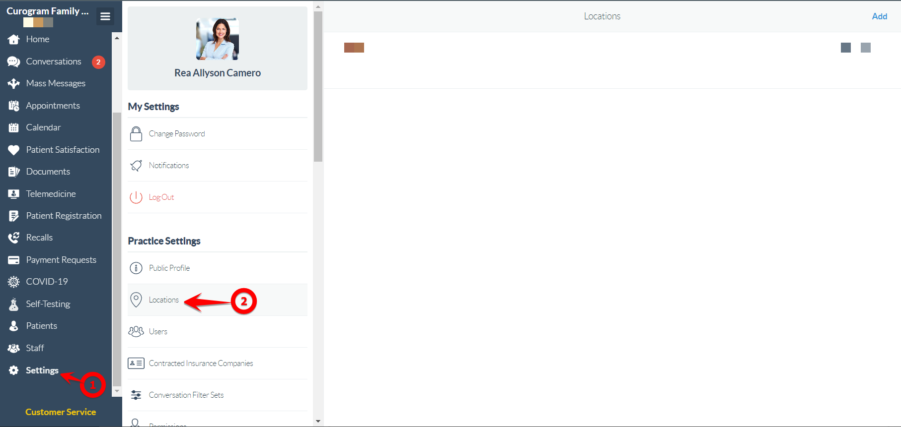 6. Go to settings and click Locations under Practice settings.
