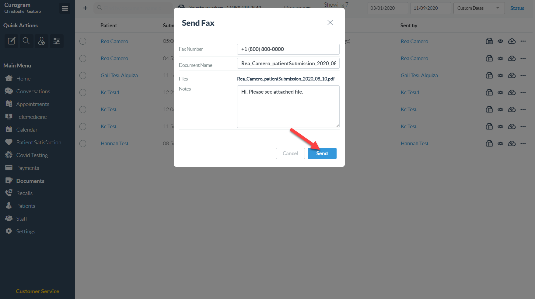 4. After filling out the form, click Send to fax out the document.